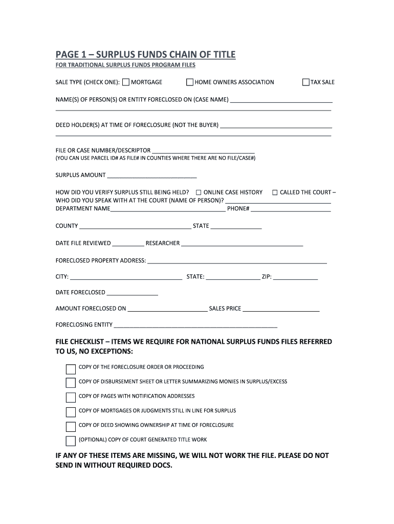 SURPLUS FUNDS CHAIN OF TITLE - TRADITIONAL SURPLUS FUNDS: Fill out ...