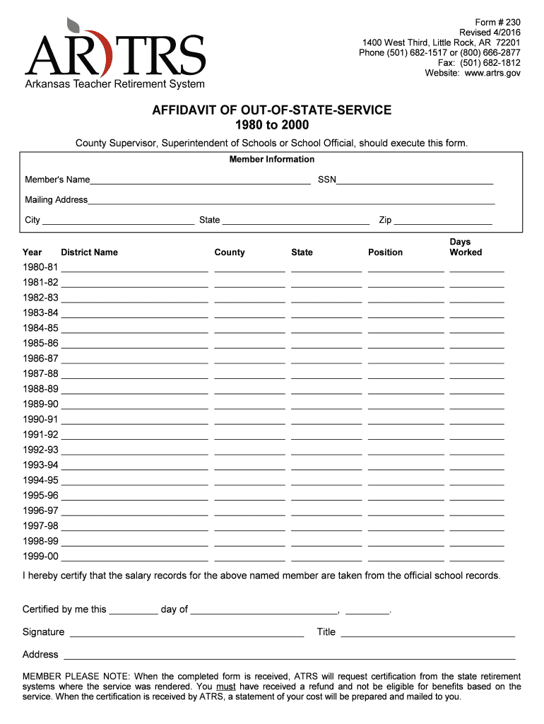 Fillable Online artrs AFFIDAVIT OF OUT-OF-STATE-SERVICE 1980 to 2000 ...