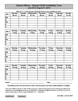 Fillable Online Shalom Manor - Regular Shift Availability Form Fax ...
