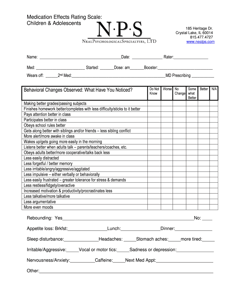 Fillable Online Medication Effects Rating Scale: Children & Adolescents ...