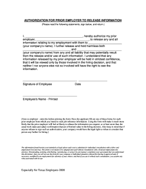 Fillable Online Sample Authorization For Prior Employer To Release ...