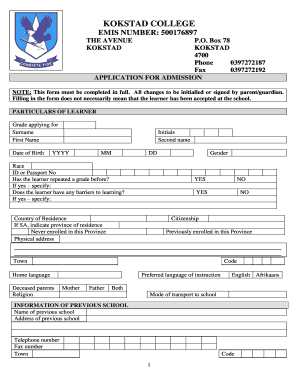 Fillable Online kokstadcollege co KOKSTAD COLLEGE EMIS NUMBER 500176897 ...
