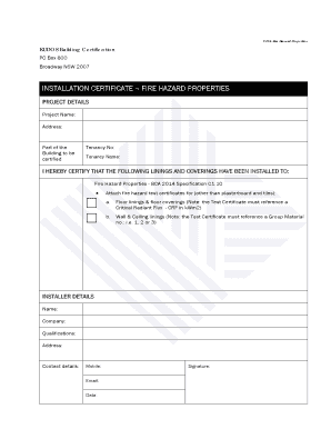 Fillable Online INSTALLATION CERTIFICATE FIRE HAZARD PROPERTIES Fax ...