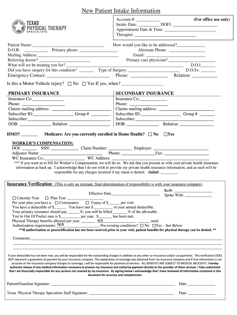 Fillable Online New Patient Intake Information - btexptsbbcomb Fax Email Print - pdfFiller