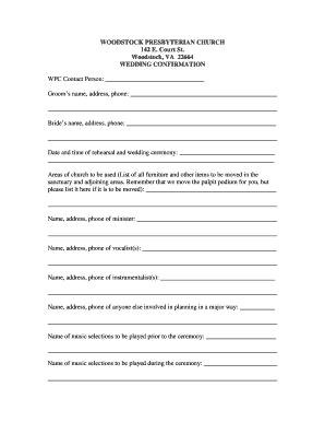 Fillable Online Wedding Confirmation - Woodstock Presbyterian Church ...
