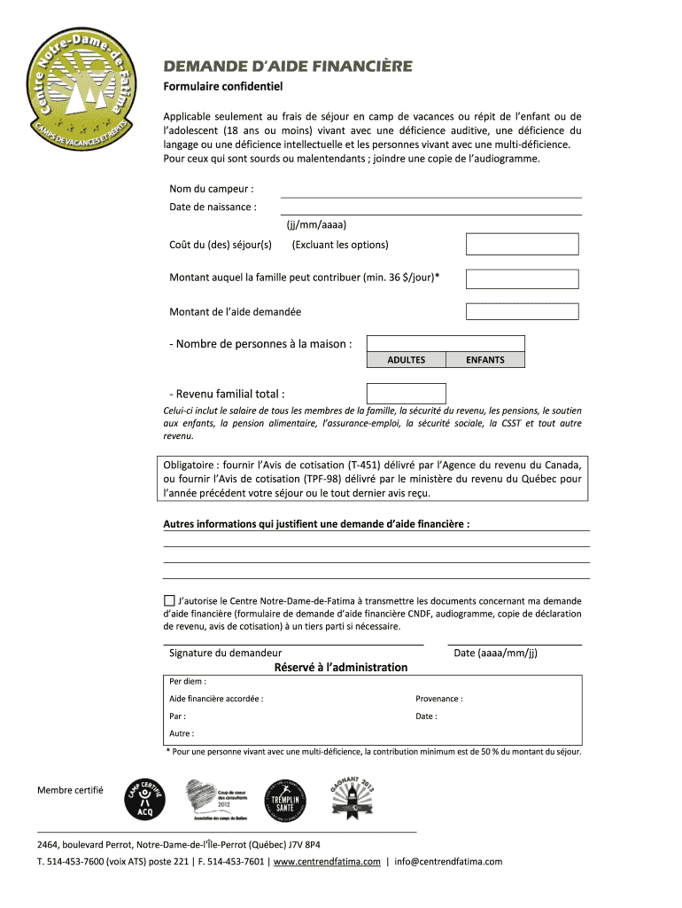 Fillable Online Demande d'aide financi re - Centre Notre-Dame de Fatima Fax Email Print - pdfFiller