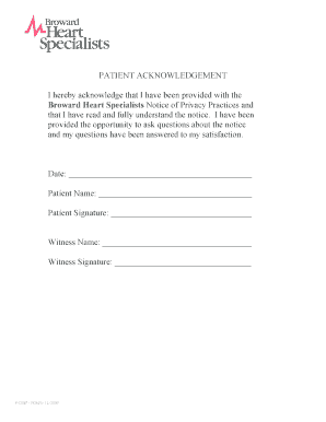 Fillable Online PATIENT ACKNOWLEDGEMENT I hereby acknowledge that I ...