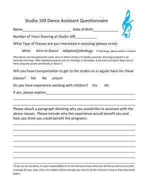 Fillable Online Studio 109 Dance Assistant Questionnaire Fax Email ...