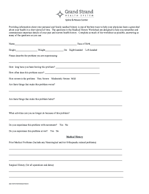 Fillable Online Grand Strand - Spine Neuro Center - Medical History ...