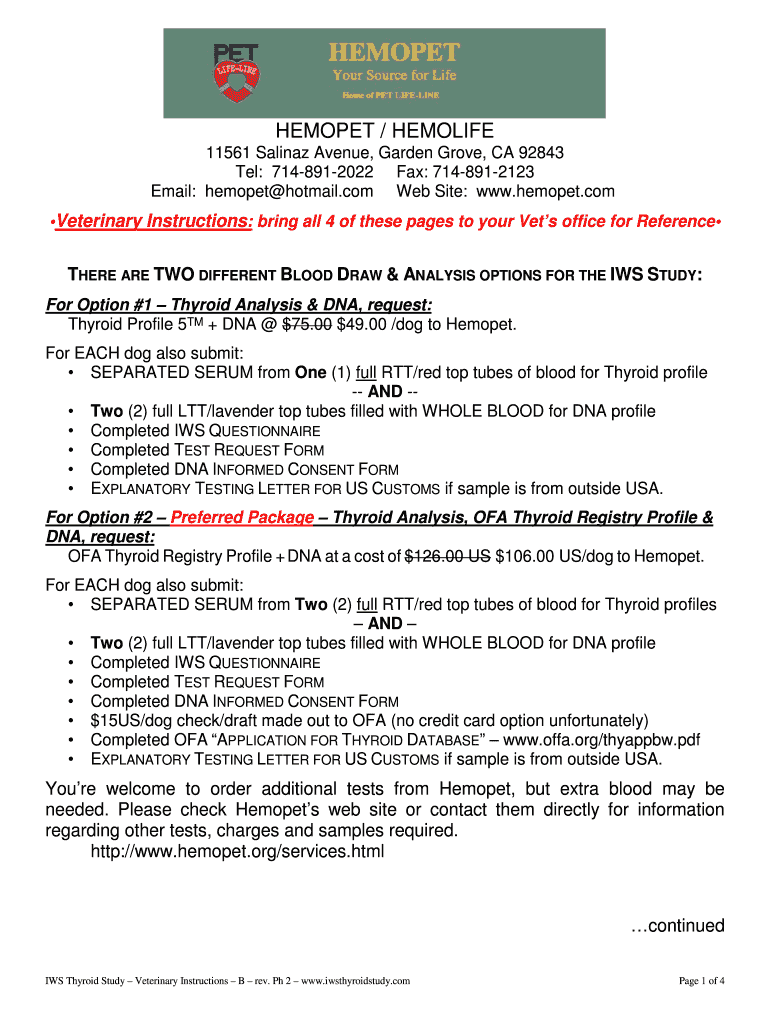 Fillable Online T TWO DIFFERENT BLOOD DRAW ANALYSIS OPTIONS FOR THE IWS ...