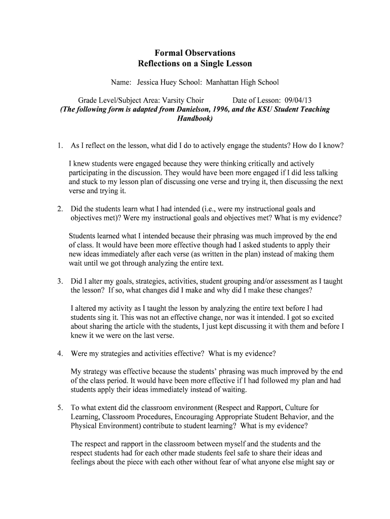 Fillable Online Reflections on a Single Lesson Fax Email Print - pdfFiller