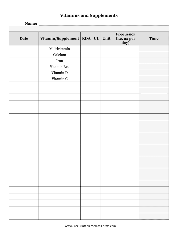 Fillable Online Vitamins and Supplements Name: Date Vitamin/Supplement ...