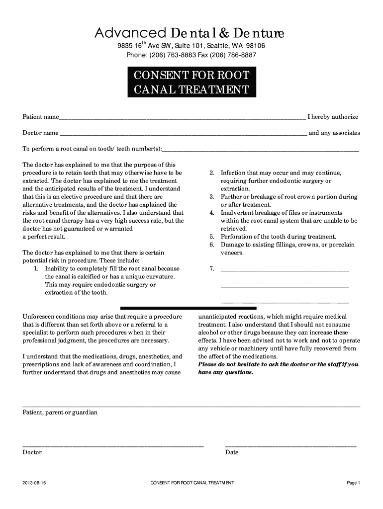 Fillable Online Root Canal Treatment Consent Form - 1st Impressions Dental Fax Email Print ...