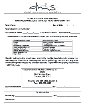 Fillable Online AUTHORIZATION FOR RELEASE MAMMOGRAM IMAGES amp BREAST HEALTH Fax Email Print ...