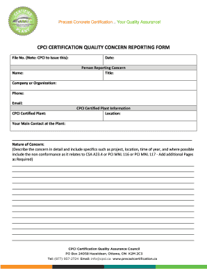Fillable Online precastcertification CPCI CERTIFICATION QUALITY CONCERN ...