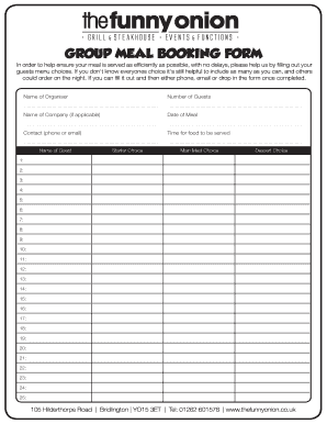 Fillable Online thefunnyonion co Group Meal BookinG ForM - the funny ...