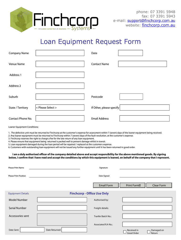 Fillable Online Loan Equipment Request Form - Finchcorp Systems Fax Email Print - pdfFiller