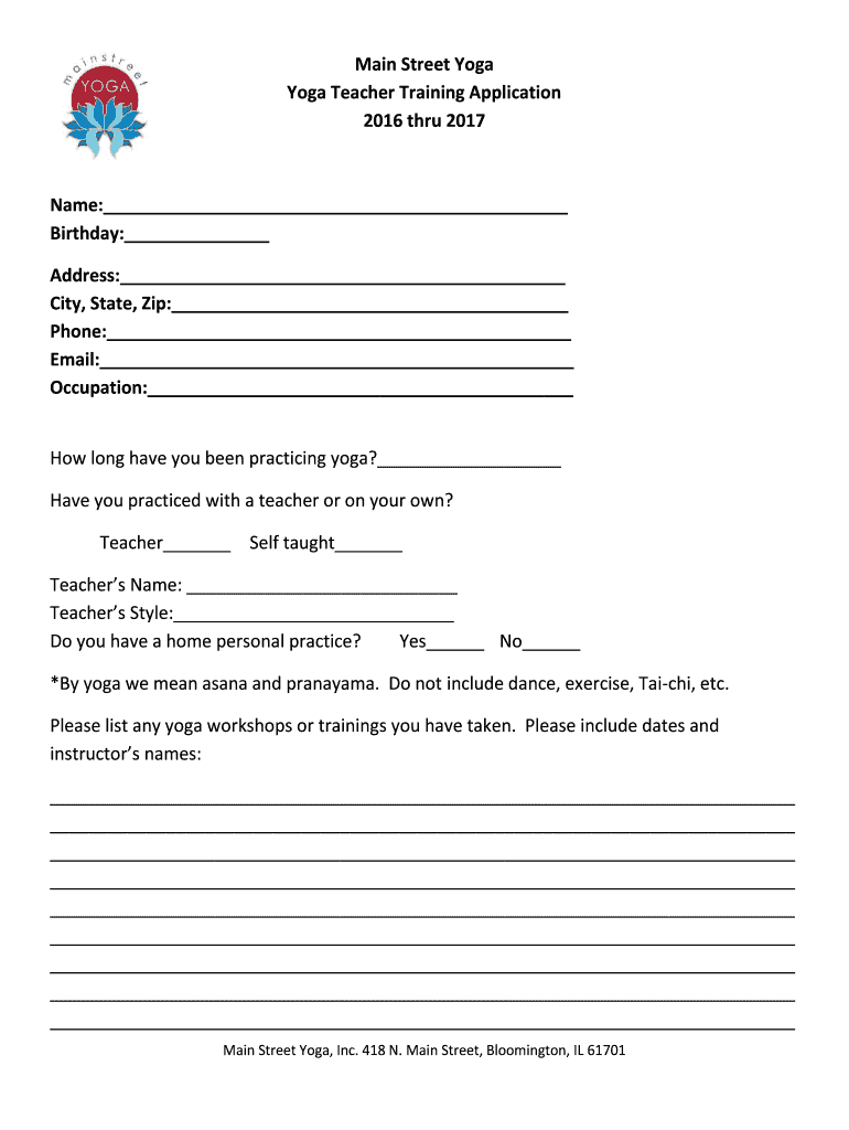 Fillable Online Main Street Yoga Yoga Teacher Training Application Fax ...