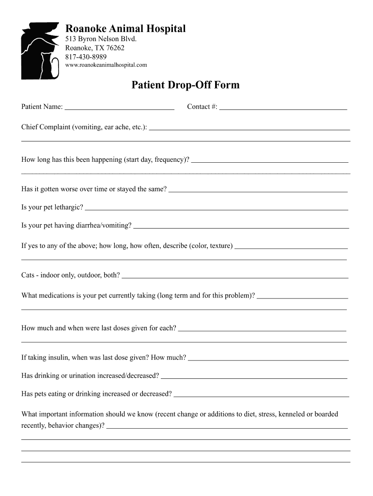 Fillable Online Roanoke Animal Hospital Patient Drop-Off Form Fax Email ...