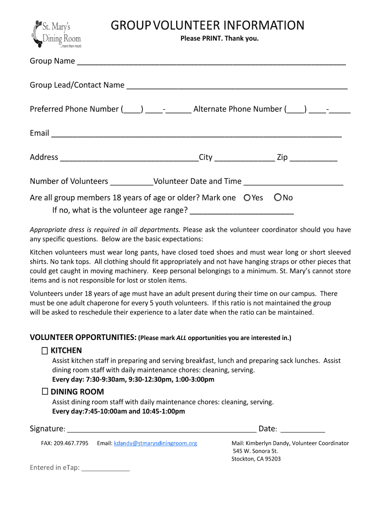 Fillable Online stmarysdiningroom Group Volunteer Welcome Packet - St ...