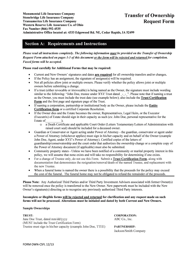 Fillable Online Monumental Life Insurance Company Transfer of Fax Email ...