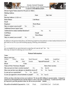 Fillable Online New Client Info Sheet - Arcata Animal Hospital Fax ...