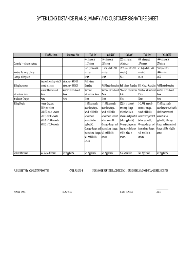Fillable Online Long Distance Call Plan Signature Sheet - Sytek Fax ...