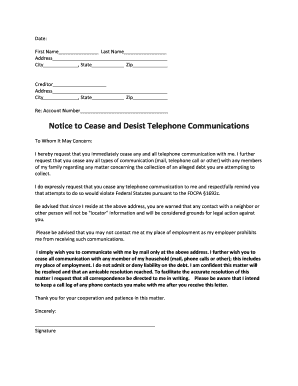 Fillable Online Notice to Cease and Desist Telephone Communications Fax ...