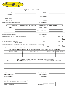 Fillable Online Employee Hire Form - newwinvancom Fax Email Print ...