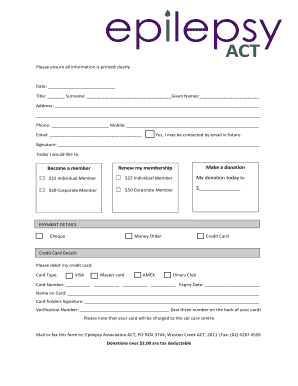 Fillable Online epilepsyact org Epilepsy Association ACT Donation and ...