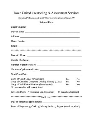 Fillable Online DWI Referral Form - Dove United Counseling Fax Email ...