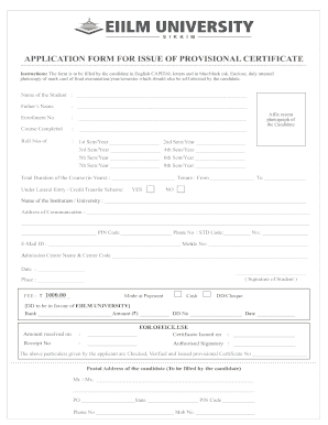 Fillable Online S I K K I M APPLICATION FORM FOR ISSUE OF PROVISIONAL ...