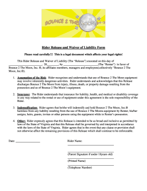 Fillable Online Rider Release and Waiver of Liability Form Fax Email ...