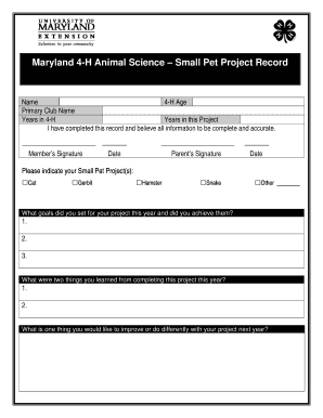 Fillable Online extension umd Maryland 4-H Animal Science Small Pet Project Record - extension ...