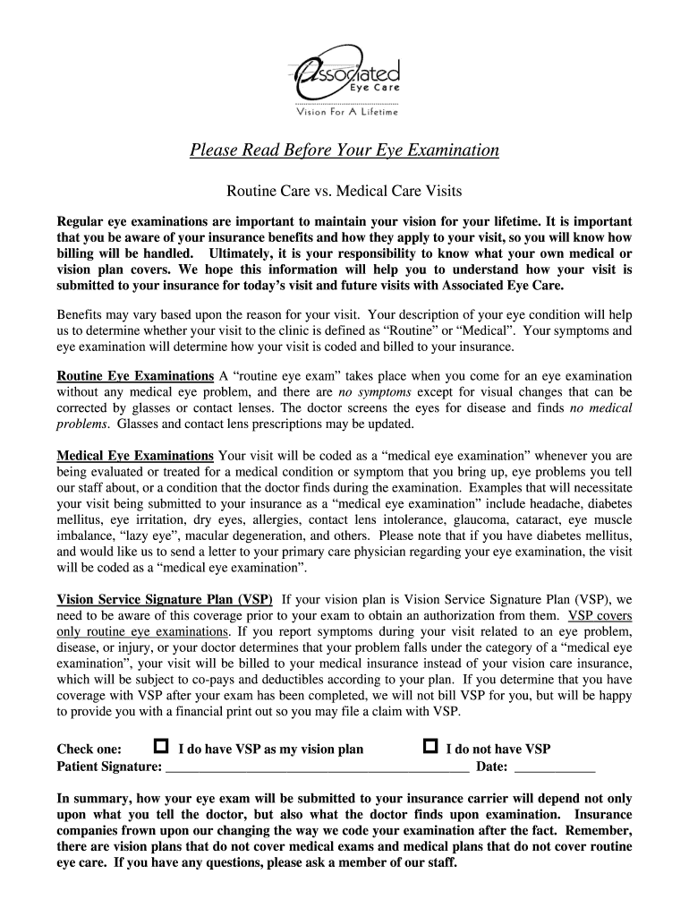 Fillable Online Routine vs. Medical Visits - Associated Eye Care Fax ...