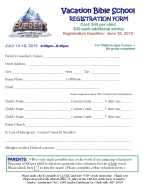 Fillable Online VBS Registration form - Hilltop Child Care Center Fax ...