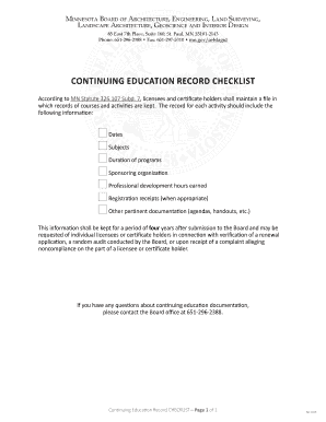 Fillable Online mn Continuing Education Record Checklist - Minnesota ...