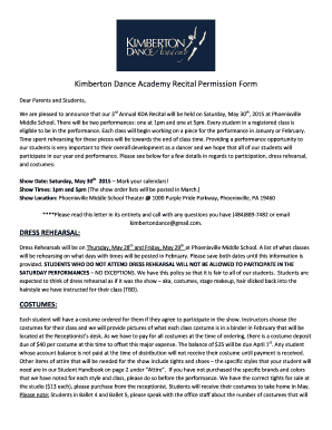 Fillable Online Kimberton Dance Academy Recital Permission Form Fax ...