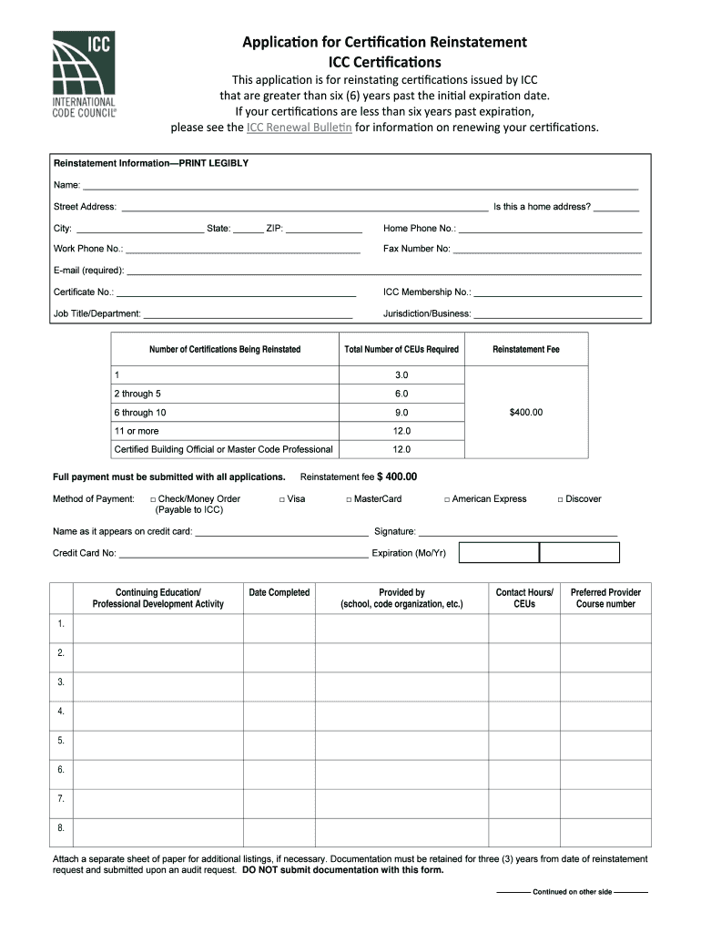 Fillable Online iccsafe Applica on for Cer ?ca on Reinstatement ICC Cer ...