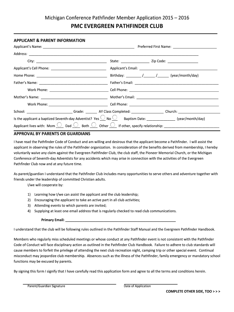 Fillable Online Pmc evergreen pathfinder club - Pioneer Memorial Church Fax Email Print - pdfFiller