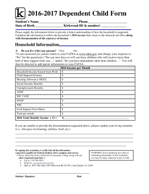 Fillable Online kirkwood 2016-2017 Dependent Child Form - Kirkwood ...