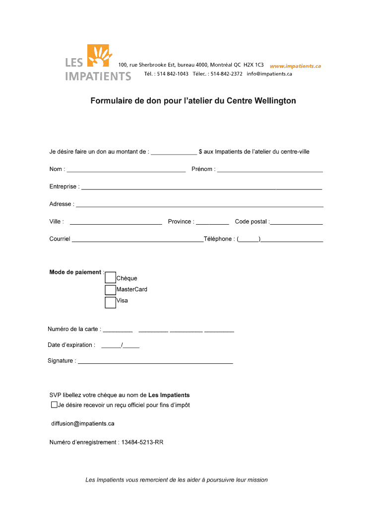 Fillable Online impatients Formulaire de don pour l'atelier du Centre ...