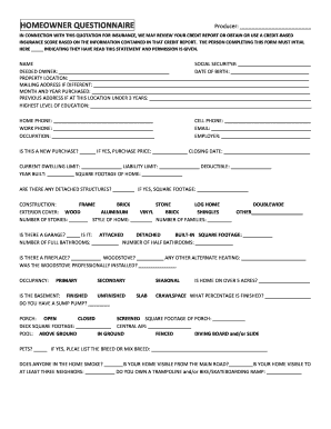 Fillable Online HOMEOWNER QUESTIONNAIRE Producer: - RSS Agency Fax ...
