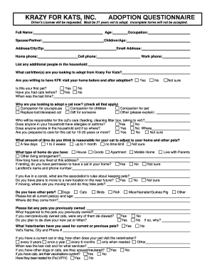 Fillable Online KRAZY FOR KATS, INC. ADOPTION QUESTIONNAIRE Fax Email ...