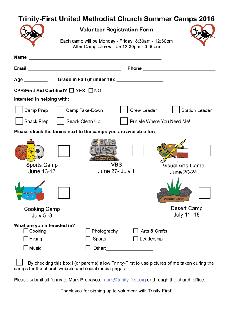 Fillable Online trinity-first Trinity-First United Methodist Church Summer Camps 2016 Fax Email ...
