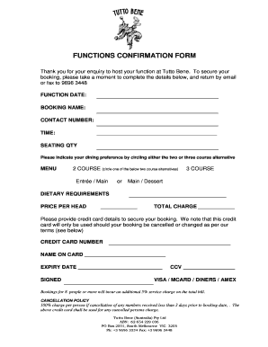 Fillable Online FUNCTIONS CONFIRMATION FORM Thank you for your enquiry ...