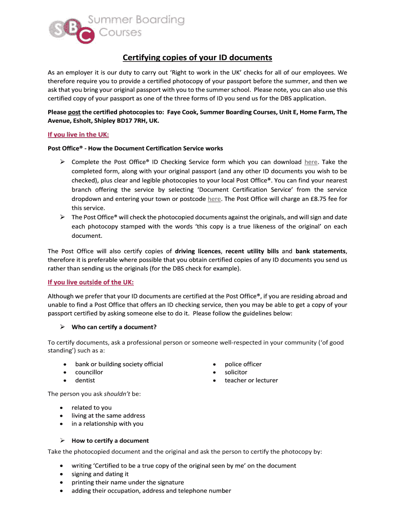 Fillable Online summerboardingcourses co Certifying copies of your ID ...