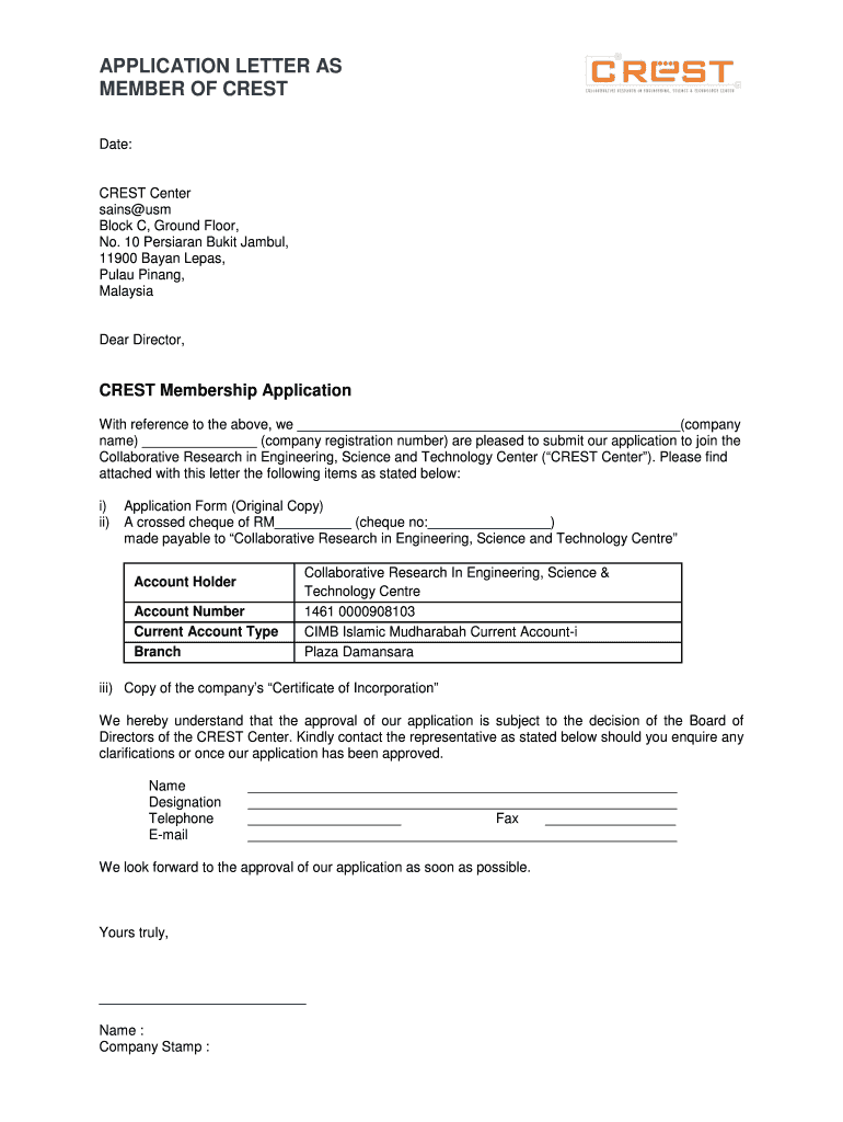 Fillable Online crest APPLICATION LETTER AS MEMBER OF bCRESTb - crest ...