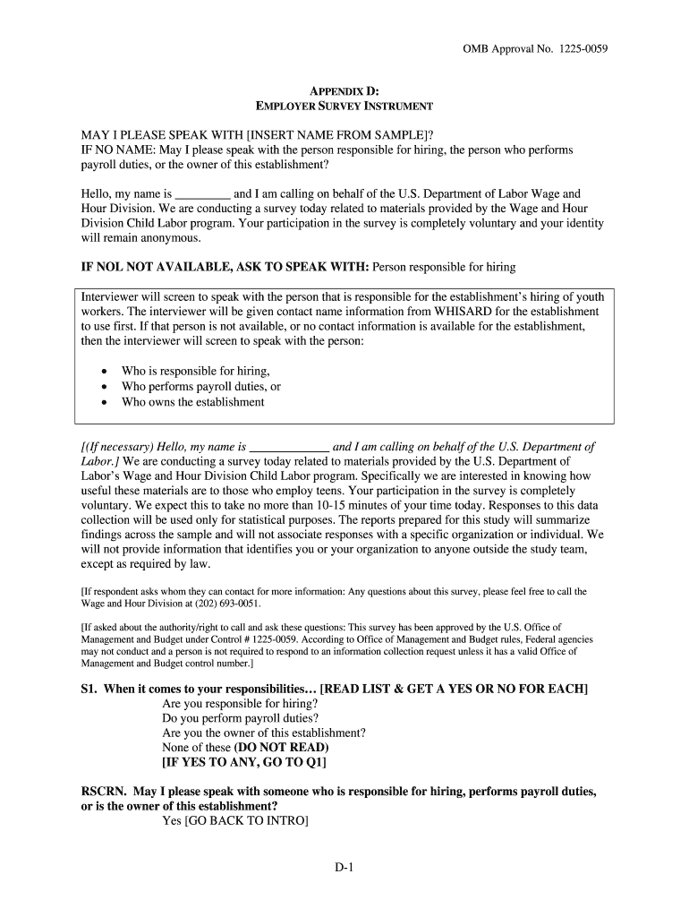 Fillable Online dol 12250059 APPENDIX D: EMPLOYER SURVEY INSTRUMENT MAY I PLEASE SPEAK WITH ...