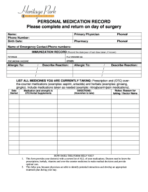 Fillable Online PERSONAL MEDICATION RECORD Please complete and return ...